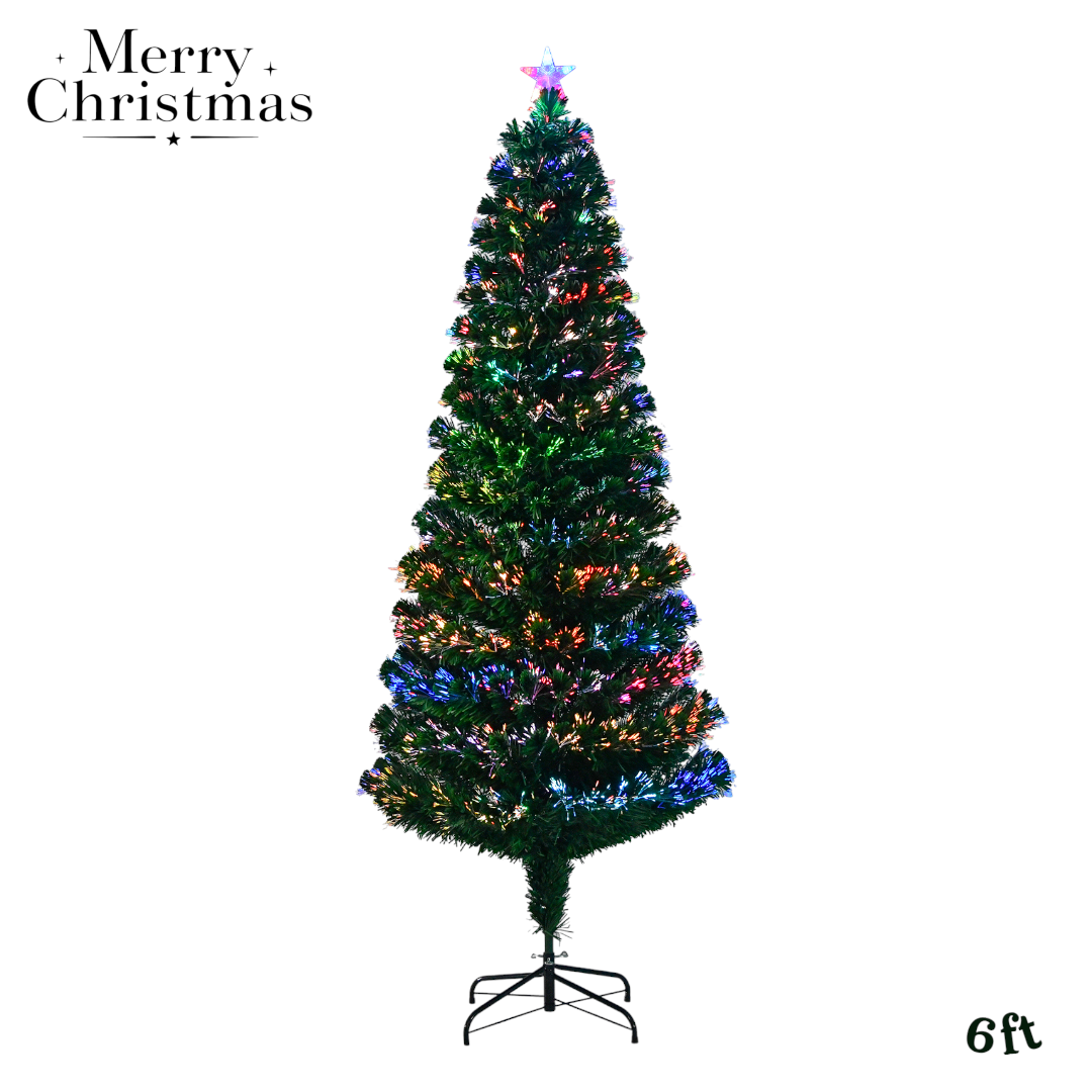 6Ft Pre-Lit Fiber Optic Christmas Tree with 7-Color Auto-Changing ...