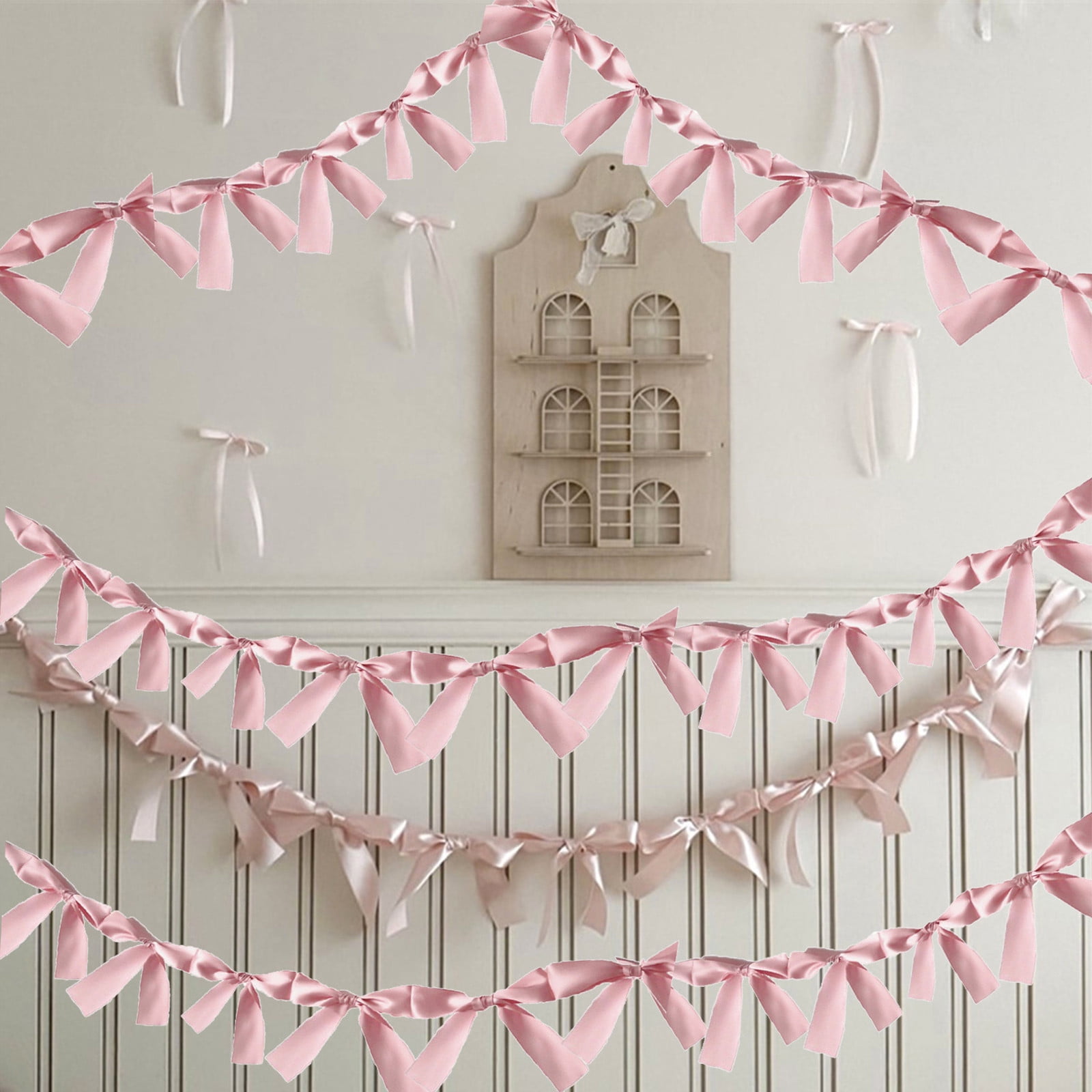 6Ft Ribbon Bow Garland Banner 2 Strings Of 20Pcs Pink Bow Party Banner ...