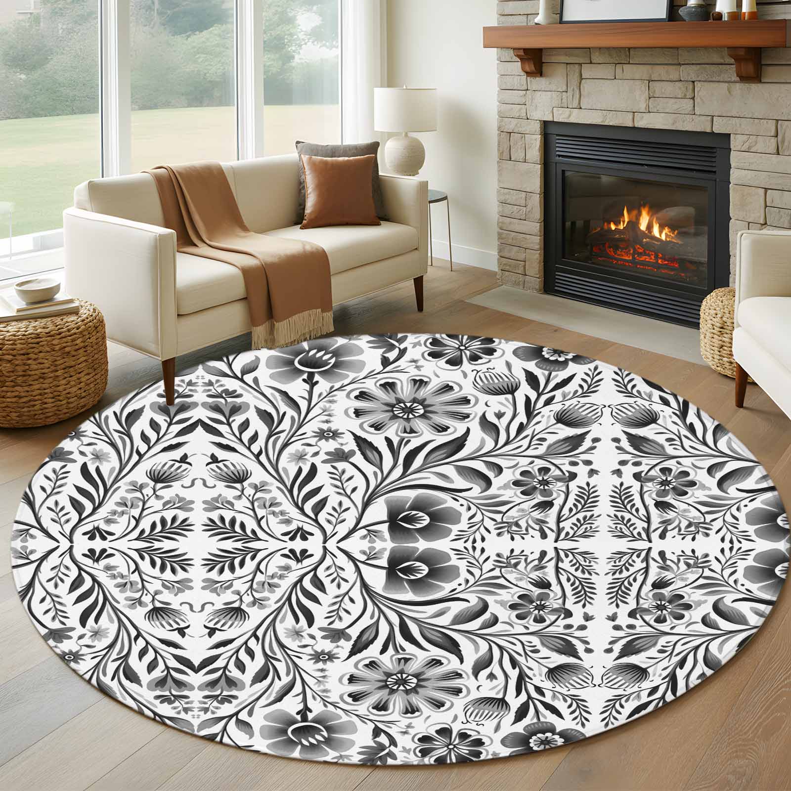 6Ft Round Rug, Black Grey Boho Non-Skid Rubber Backing Large Area Rugs ...