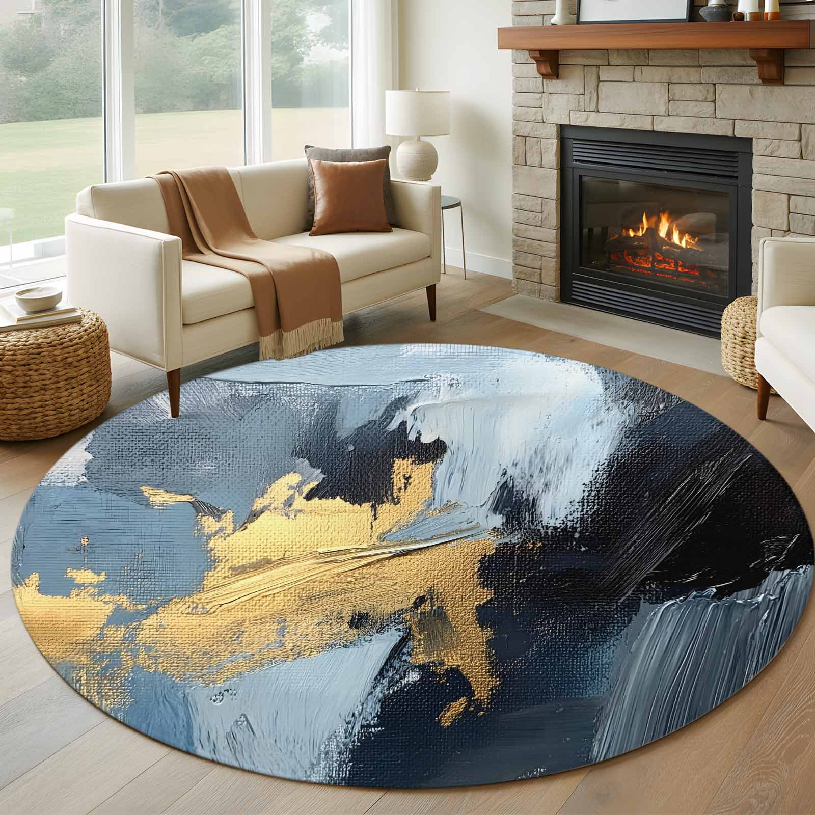6Ft Round Rug, Blue Black Yellow Oil Painting Non-Skid Rubber Backing ...