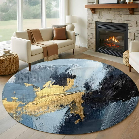 6Ft Round Rug, Blue Black Yellow Oil Painting Non-Skid Rubber Backing ...