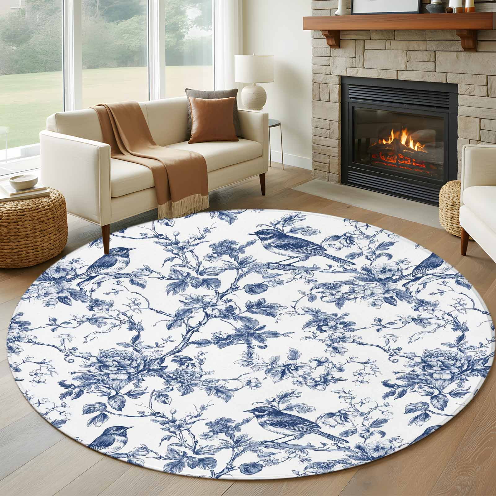 6Ft Round Rug, Blue Botanical Non-Skid Rubber Backing Large Area Rugs ...