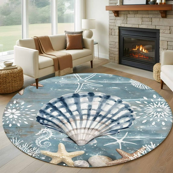 6Ft Round Rug, Blue Shell Coastal Non-Skid Rubber Backing Large Area ...