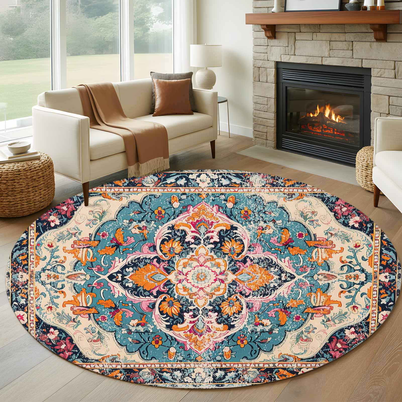 6Ft Round Rug, Boho Colorful Non-Skid Rubber Backing Large Area Rugs ...