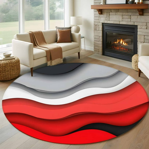 6Ft Round Rug, Red Grey Ombre Non-Skid Rubber Backing Large Area Rugs ...