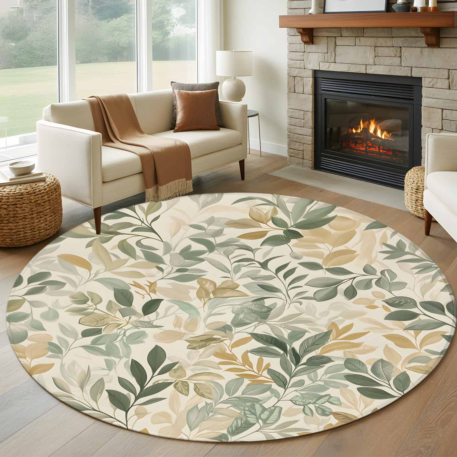 6Ft Round Rug, Sage Green Yellow Botanical Non-Skid Rubber Backing ...