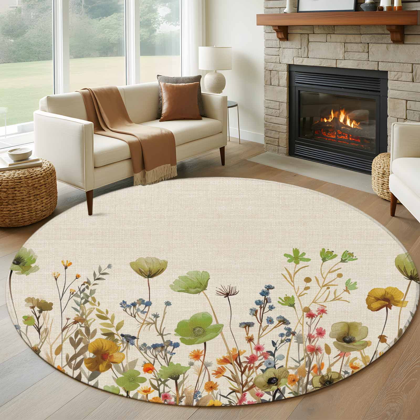 6Ft Round Rug, Sage Green Yellow Spring Floral Non-Skid Rubber Backing ...