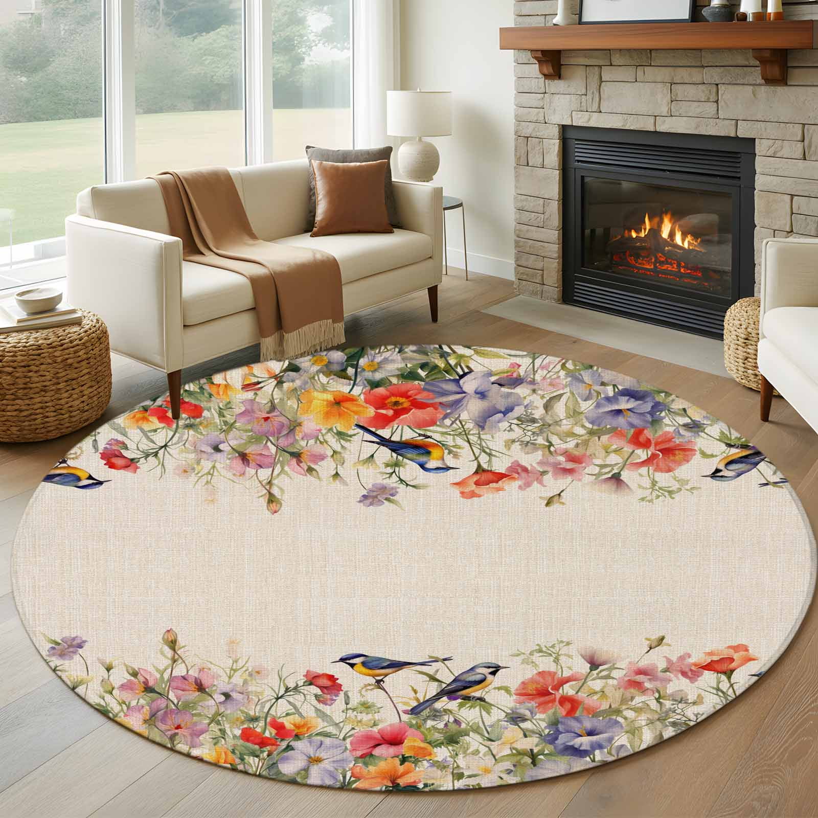 6Ft Round Rug, Vintage Flowers Non-Skid Rubber Backing Large Area Rugs ...