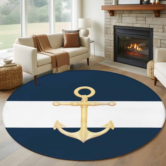 6Ft Round Rug, Yellow Anchor Nautical Non-Skid Rubber Backing Large ...
