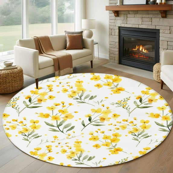 6Ft Round Rug, Yellow Flowers Spring Non-Skid Rubber Backing Large Area ...