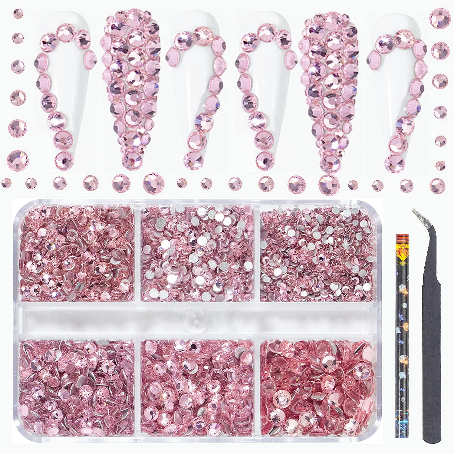 6Grids 3000Pcs Clear Flatback Rhinestones, Light Pink Nail Gems ...