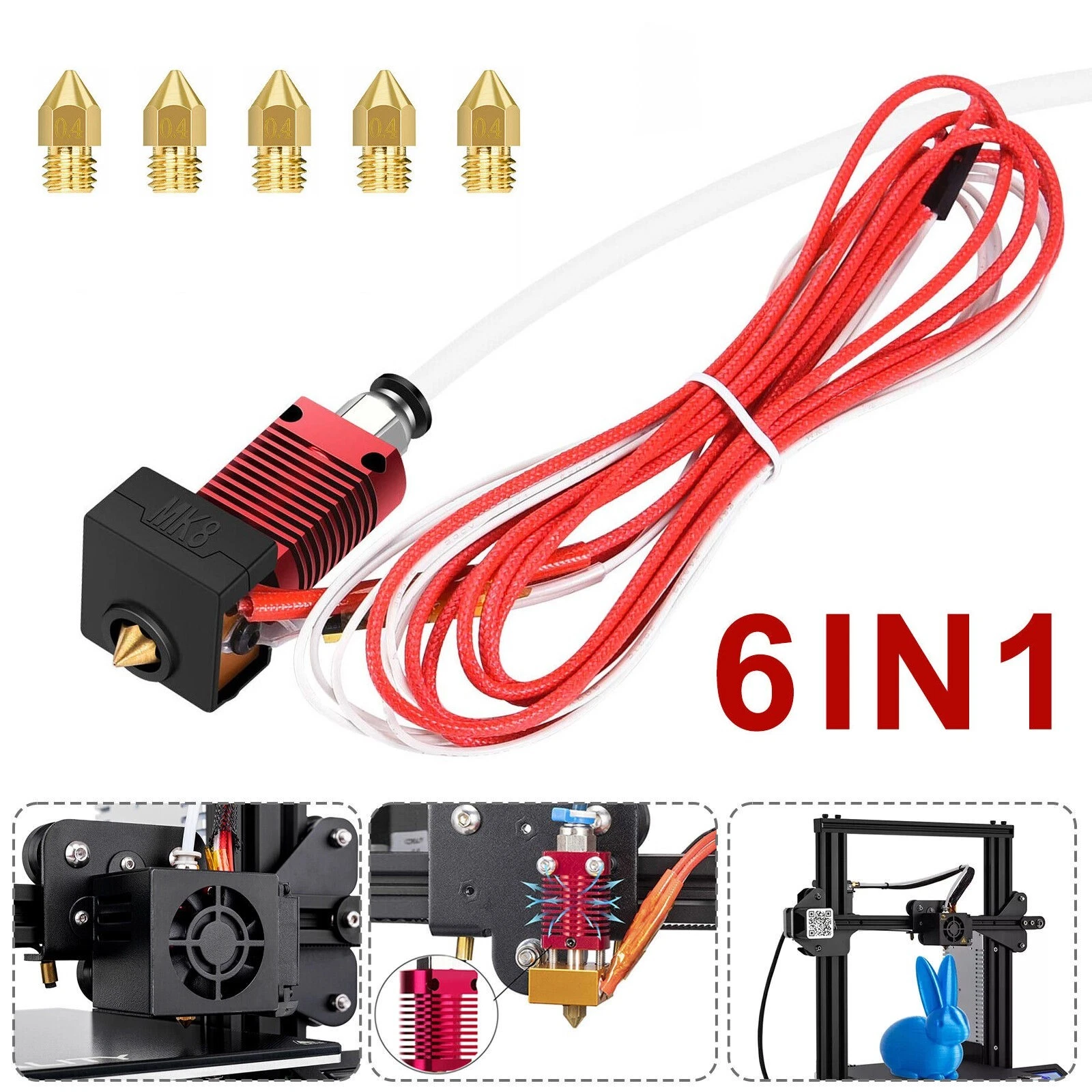 6In1 3D Printer Extruder Heater Hot End Nozzle Kit For Creality Ender-3 ...