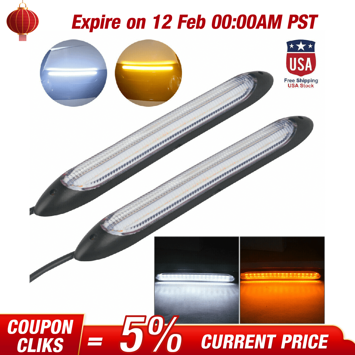 6Inch DRL LED Headlight Strip Light Daytime Running Sequential Turn ...