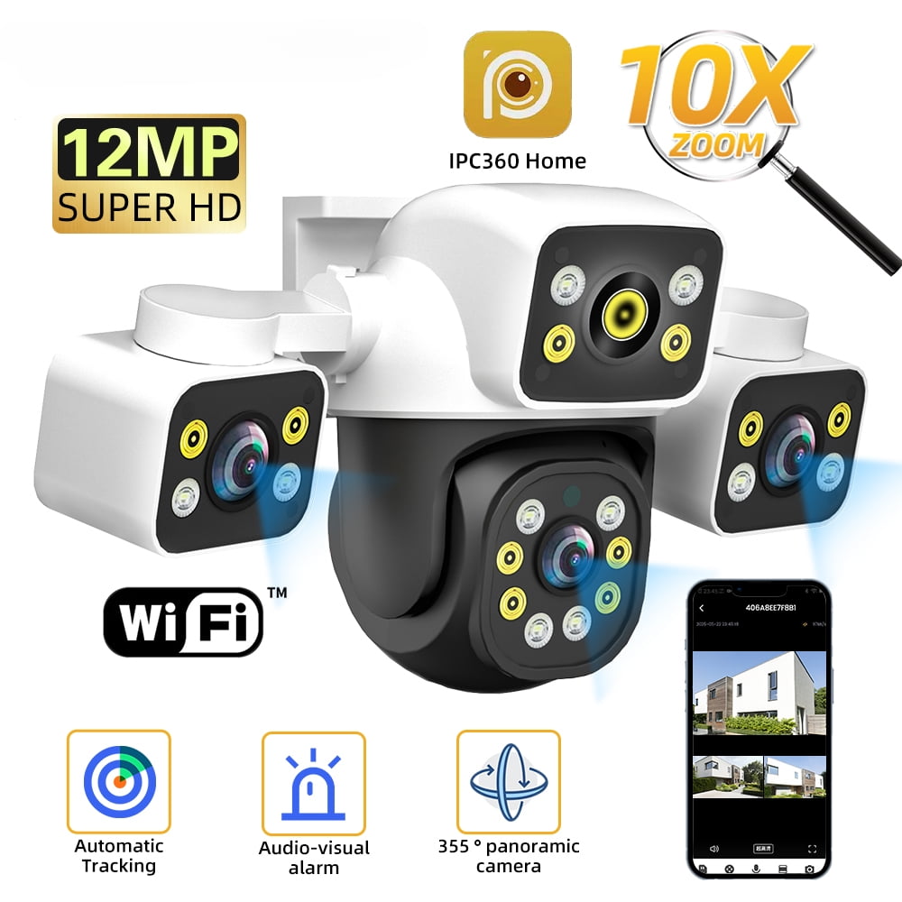 6K 12MP 10X Zoom PTZ Outdoor WiFi Camera Three Screen Three Lens Automatic Tracking Audible ...