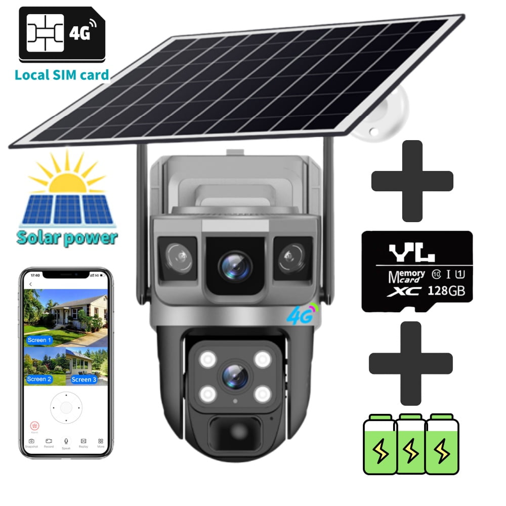 6K 12MP Solar Camera Outdoor Triple Screen 4G SIM Card IP Camera PTZ AI ...