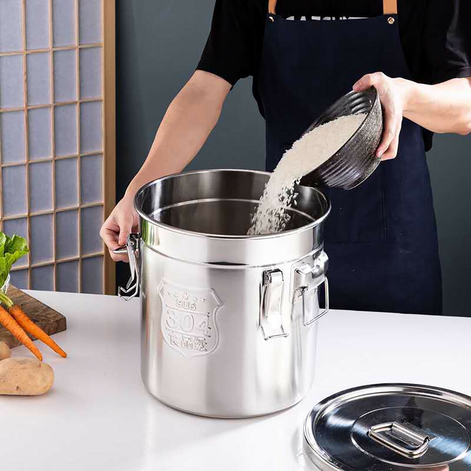 6L Airtight Rice Bucket 304 Stainless Steel Canister Food Storage ...