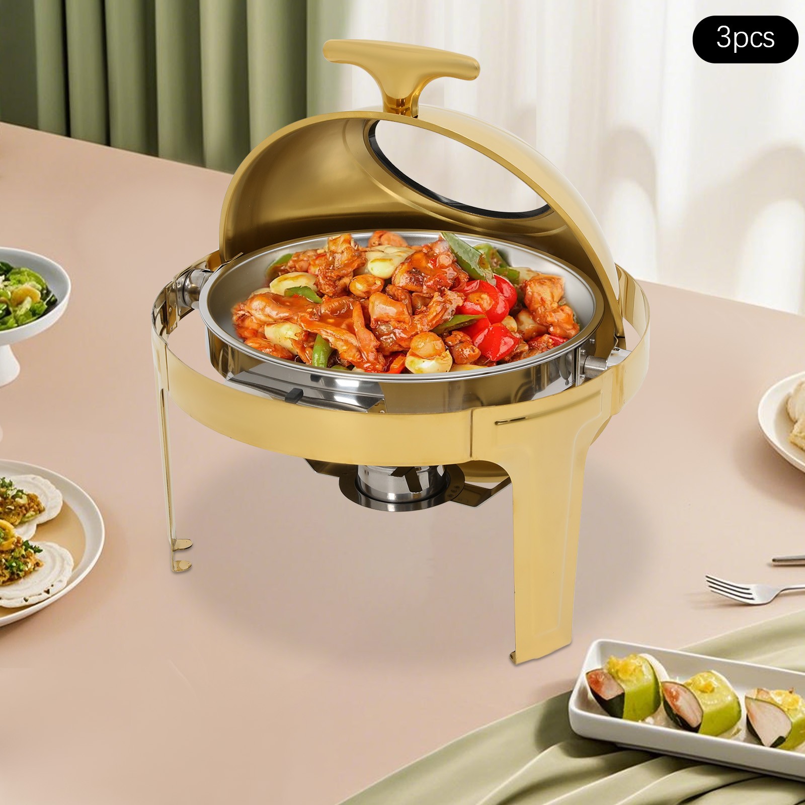 6L Round Gold Chafing Dish Buffet Set, Roll Top Stainless Steel Chafers ...