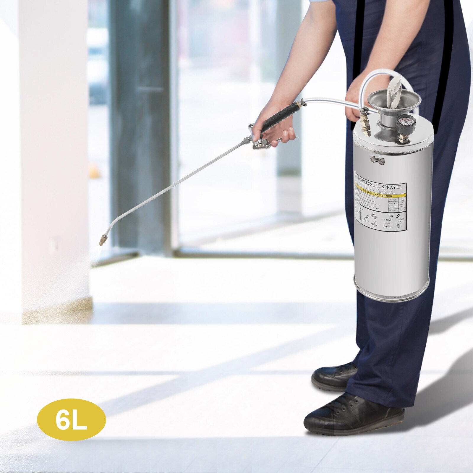 6L Stainless Steel Hand Sprayer Pump Sprayer 0.2-0.4MPA w/ 1.2m Hose 1. ...