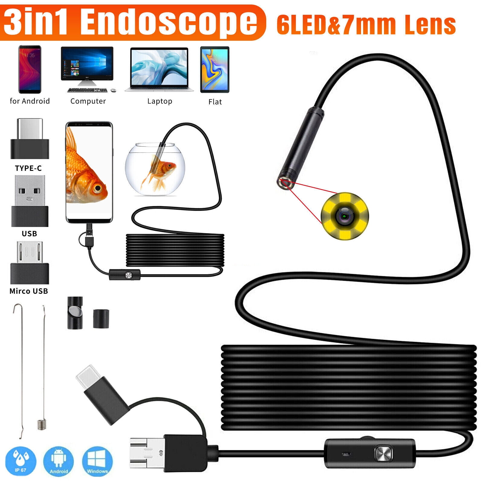 6LED USB Snake Endoscope Borescope HD Inspection Camera Scope for Android Type C - Walmart.com