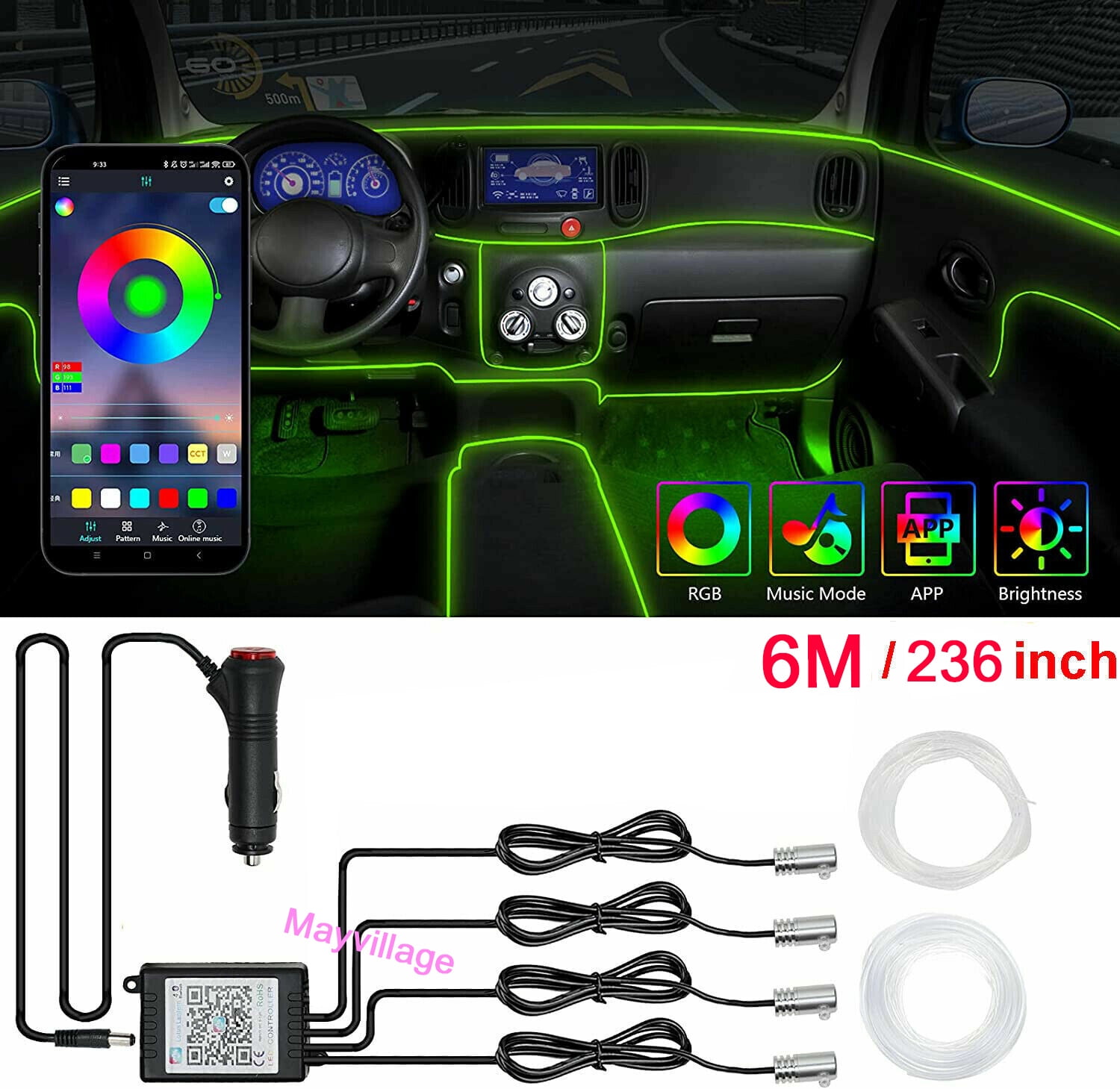 6M RGB Car LED Lights Strip Interior Fiber Optic Neon EL Atmosphere ...