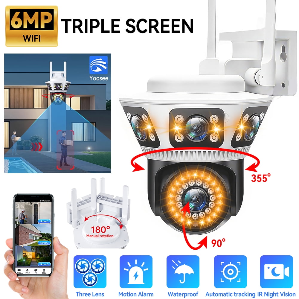 6MP Triple Lens WiFi Outdoor Security Camera, Waterproof PTZ ...