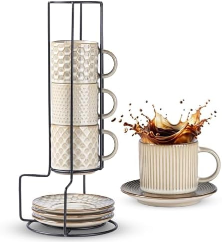 6OZ Stackable Coffee Mugs with Stand and Saucer, Ceramic Coffee Mugs ...