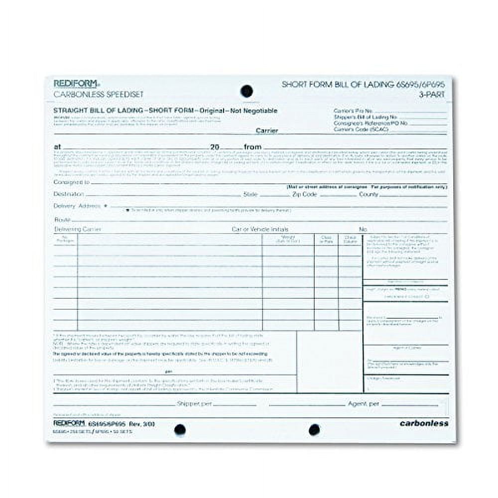 6P695 Bill Of Lading, Short Form, 7 X 8 1/2, Three-Part (Pack Of 50 ...