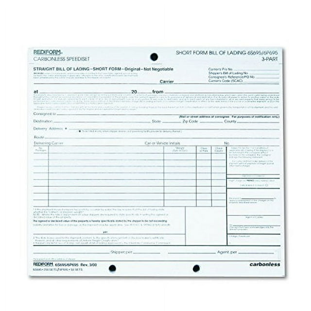 6P695 Bill Of Lading, Short Form, 7 X 8 1/2, Three-Part (Pack Of 50 ...