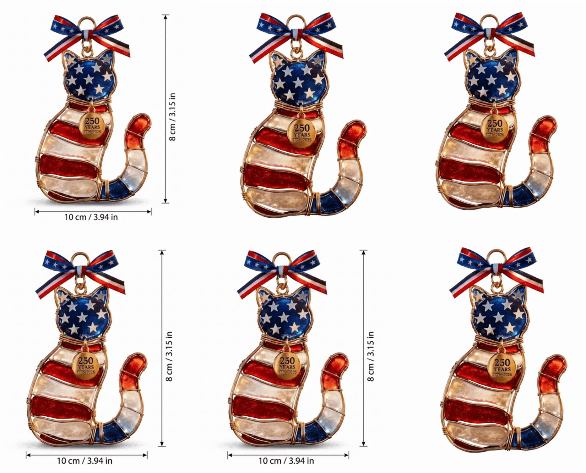 6PC 250th Anniversary USA Acrylic Cat Ornament – Patriotic Red White ...