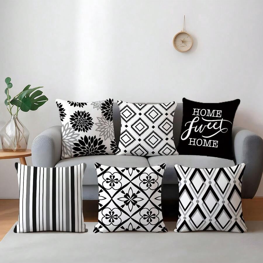 6PC - Black Minimalist Geometric & Floral Throw Pillow Covers Set ...