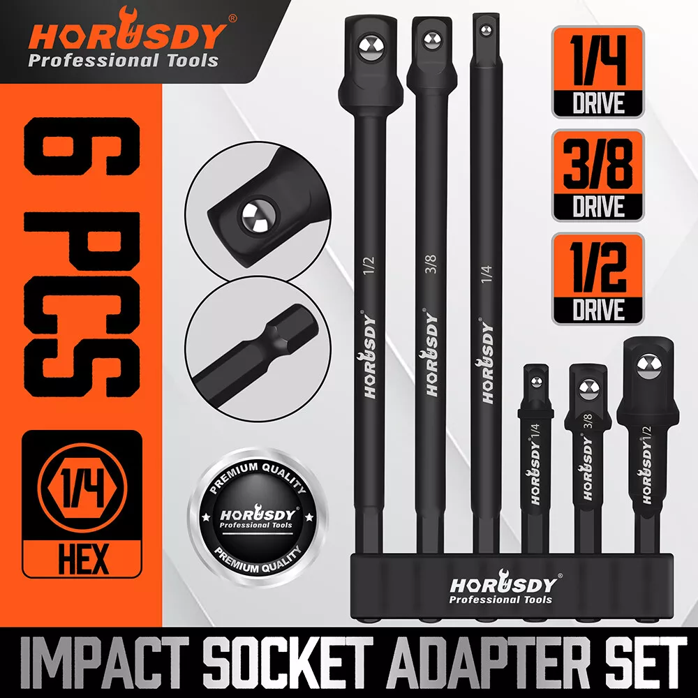 6PC Impact Grade Power Drill Socket Adapter Set 6" Driver 1/4 3/8 1/2 ...