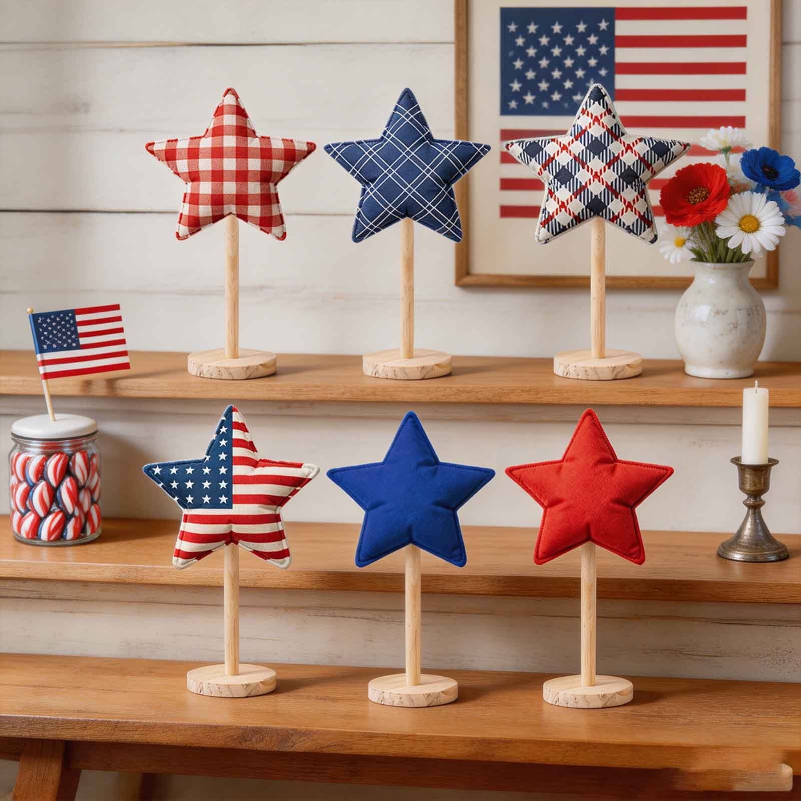 6PC Independence Day Padded Decorative Star Ornaments, Patriotic ...