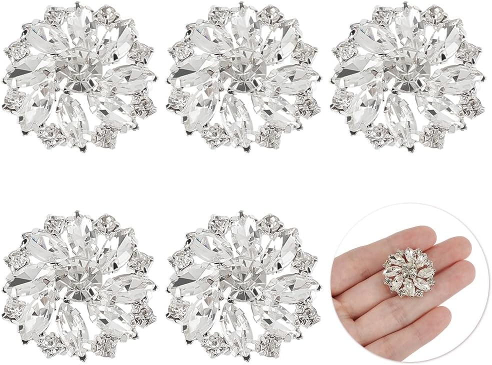 6PCS 26.5MM Flower Brass Rhinestone Shank Buttons Crystal Silver Color ...