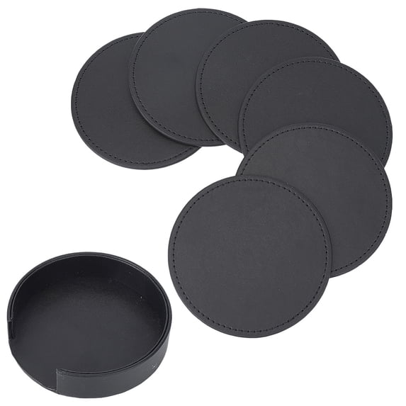 6PCS 4 Inch PU Leather Coasters for Drinks Black Leather Round Cup ...