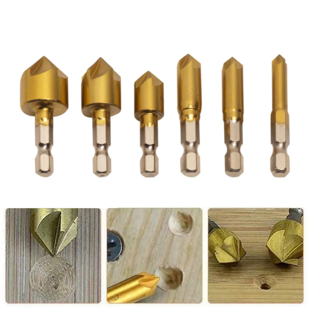 6PCS 5 Flute Counter Sink Drill Bit Hex Shank Wood Chamfering Cutter 90 ...
