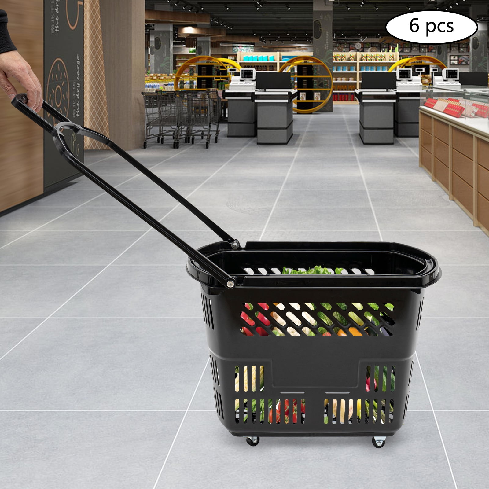 6PCS 50*35*36cm Black Shopping Carts Shopping Basket Plastic Rolling ...