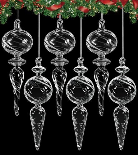 6PCS 9-Inch Hand-Blown Glass Finial Christmas Tree Hanging Ornaments ...