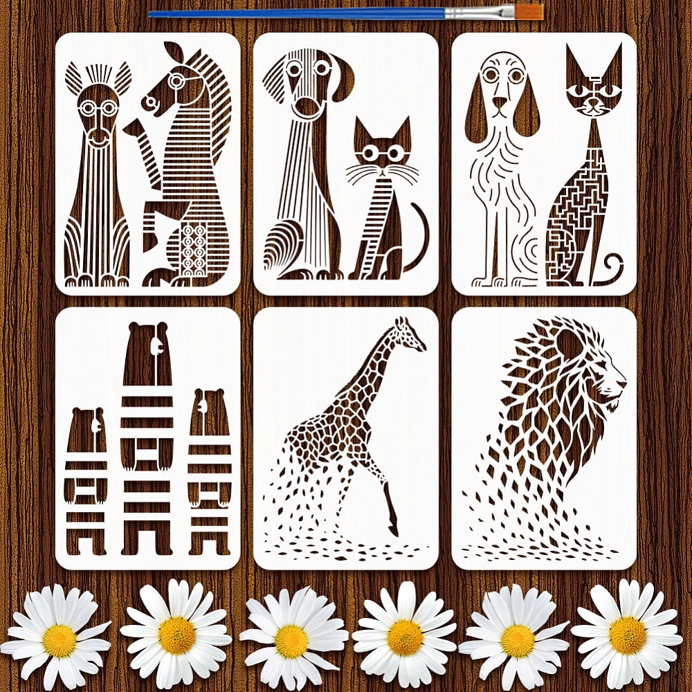 6PCS Abstract Animals Painting Stencil with Plastic Brush 8.3x11.7inch ...