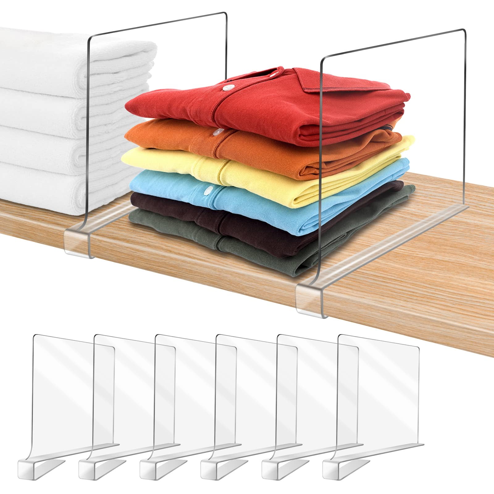 6PCS Acrylic Shelf Dividers for Closet, Wood Shelf Organizer with Non ...