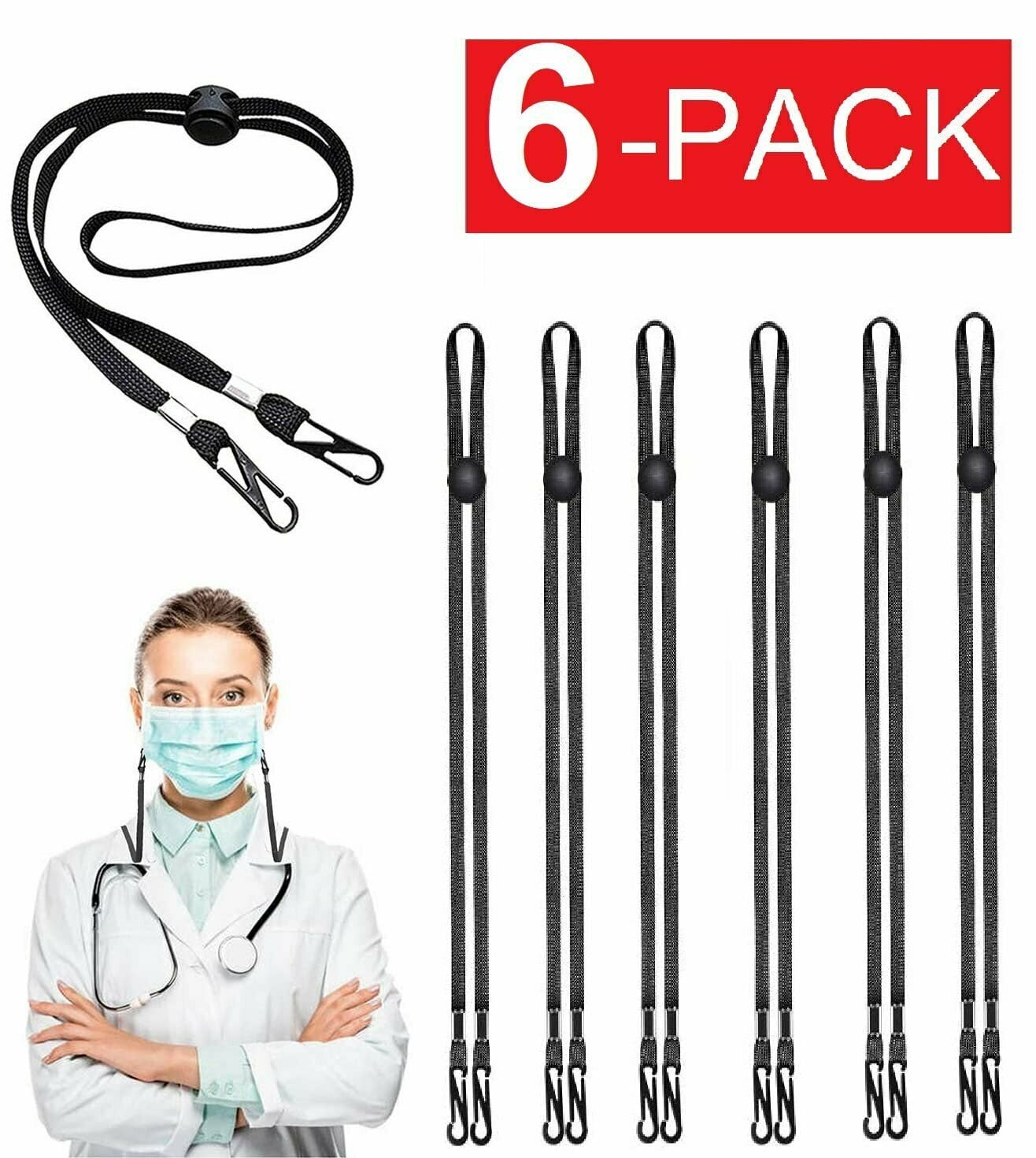 6-Pack Adjustable Flat Lanyard Face Mask Extender, Ear Savers, Mask ...