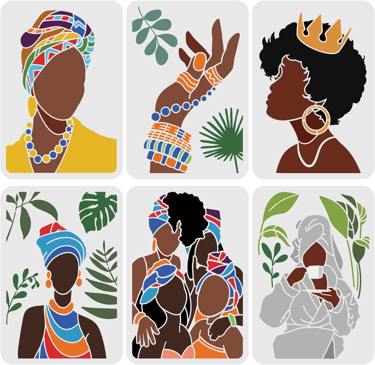 6PCS African Tribal Women Stencils 29.7x21cm Plastic Tropical Plant ...
