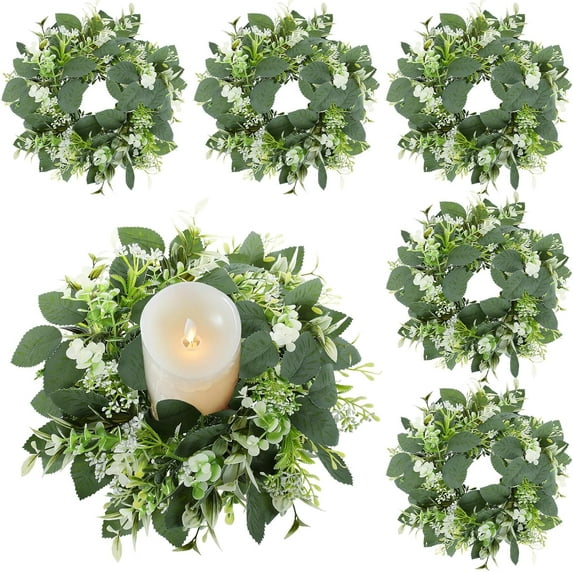 6PCS Artificial Eucalyptus Leaves Wreaths Candle Rings Wreaths Summer ...