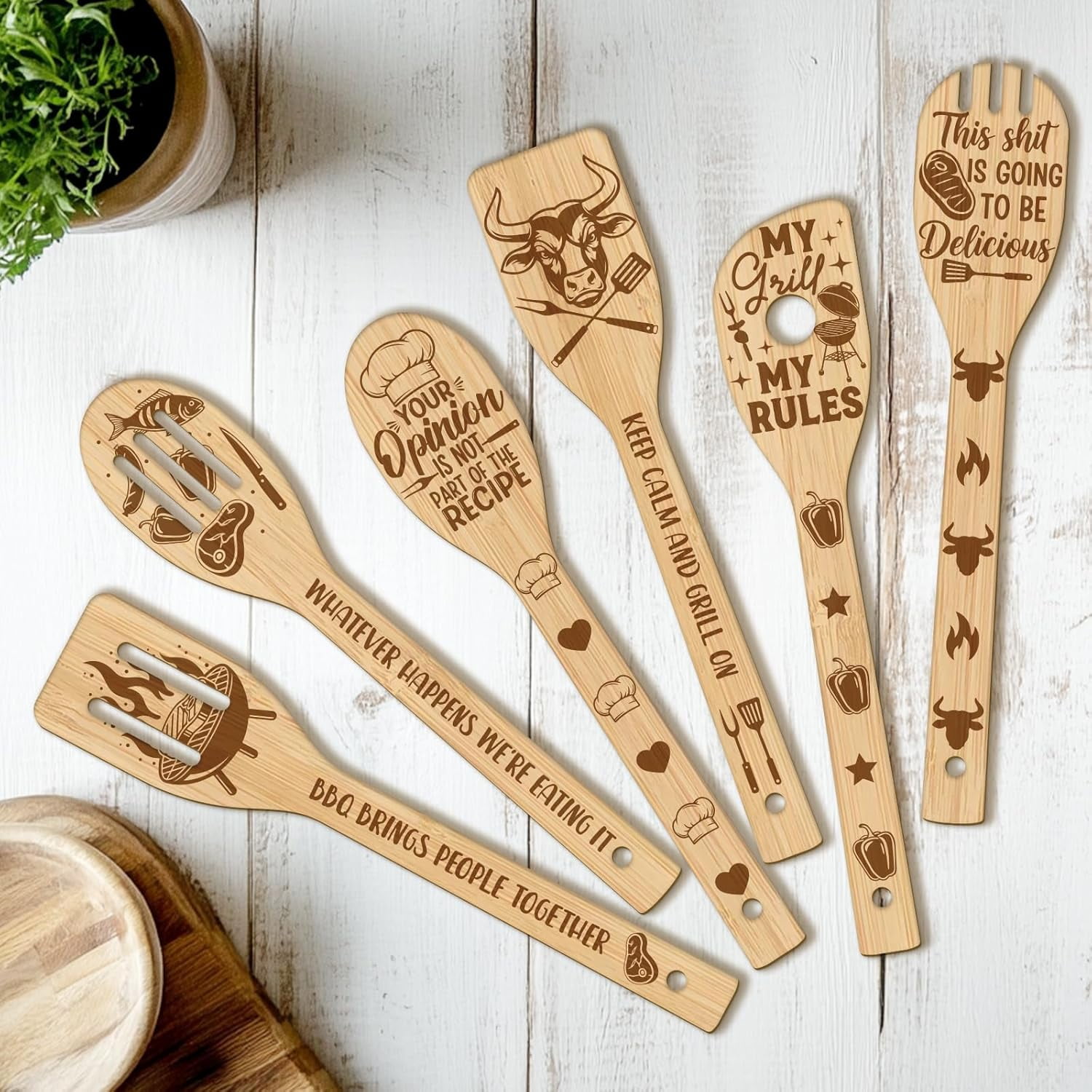 6PCS Barbecue Wooden Kitchen Cooking Utensil Set 11.9in Non Toxic ...