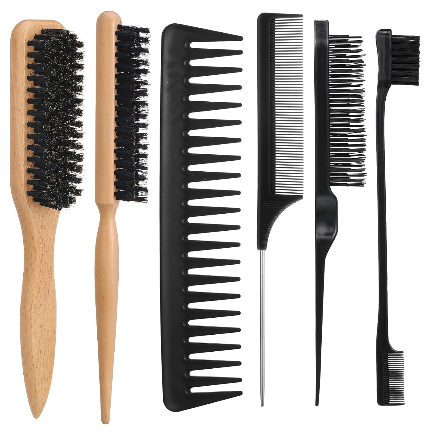 6PCS Boar Bristle Slick Back Hair Brush with Edge Brush Rat Tail Comb ...