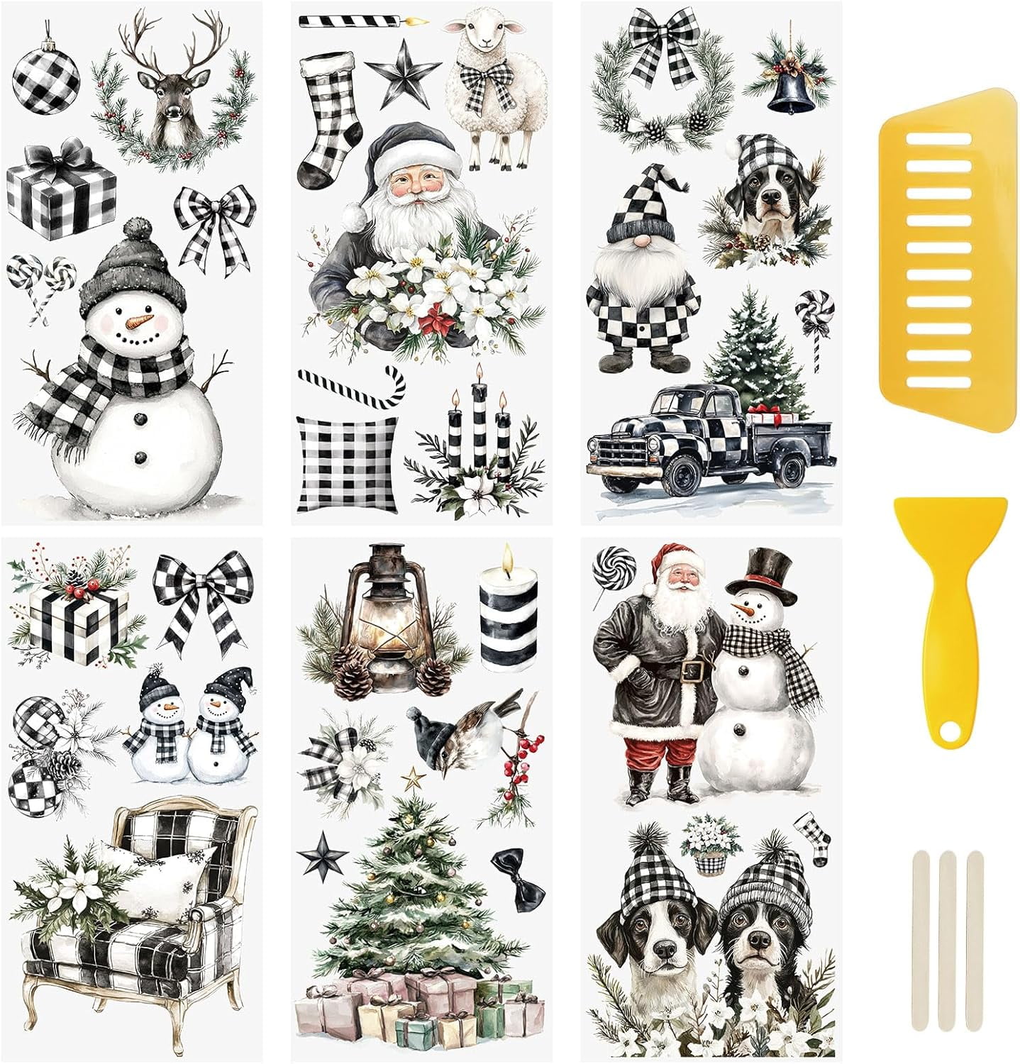 6PCS Christmas Black and White Pattern Rub On Transfer Stickers ...