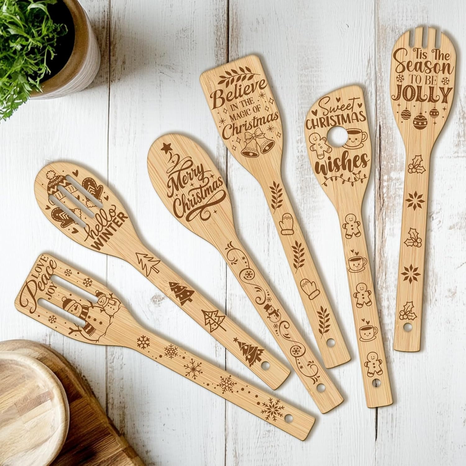 6PCS Christmas Greeting Wooden Kitchen Cooking Utensil Set Non Toxic ...