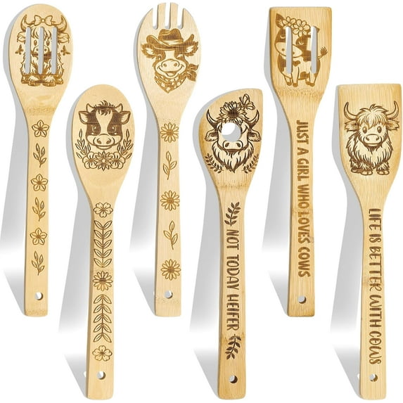 6PCS Cow Wooden Cooking Spoons Cow Themed Gifts for Women Bamboo Spoons ...