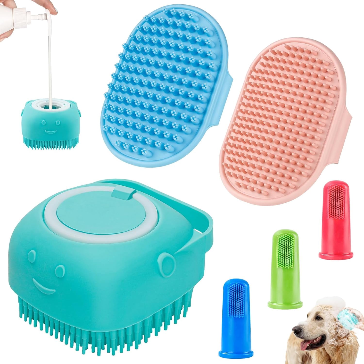 6PCS Dog Bath Brush & Dog Toothbrush | Adjustable Handle Shampoo Brush ...