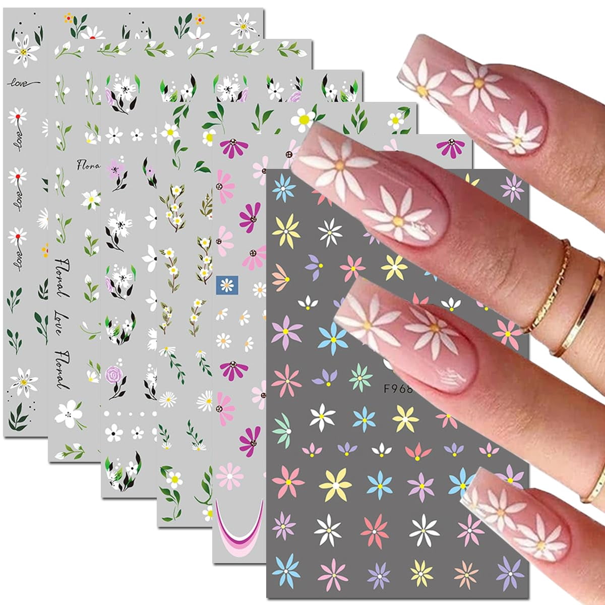 6PCS Flower Nail Stickers 3D Self-Adhesive Nail Supplies Floral Daisy ...