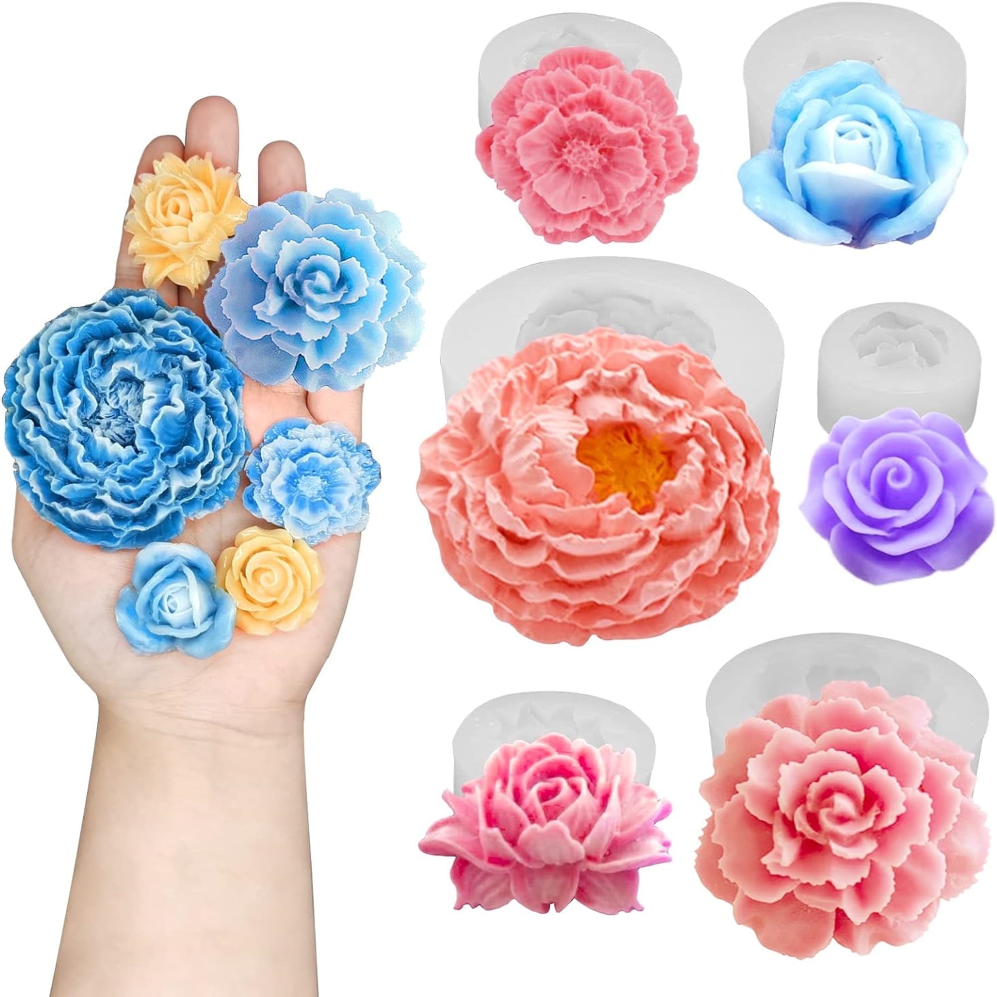 6PCS Flower Silicone Molds Resin Candle Mold Set,3D Bloom Rose Peony ...